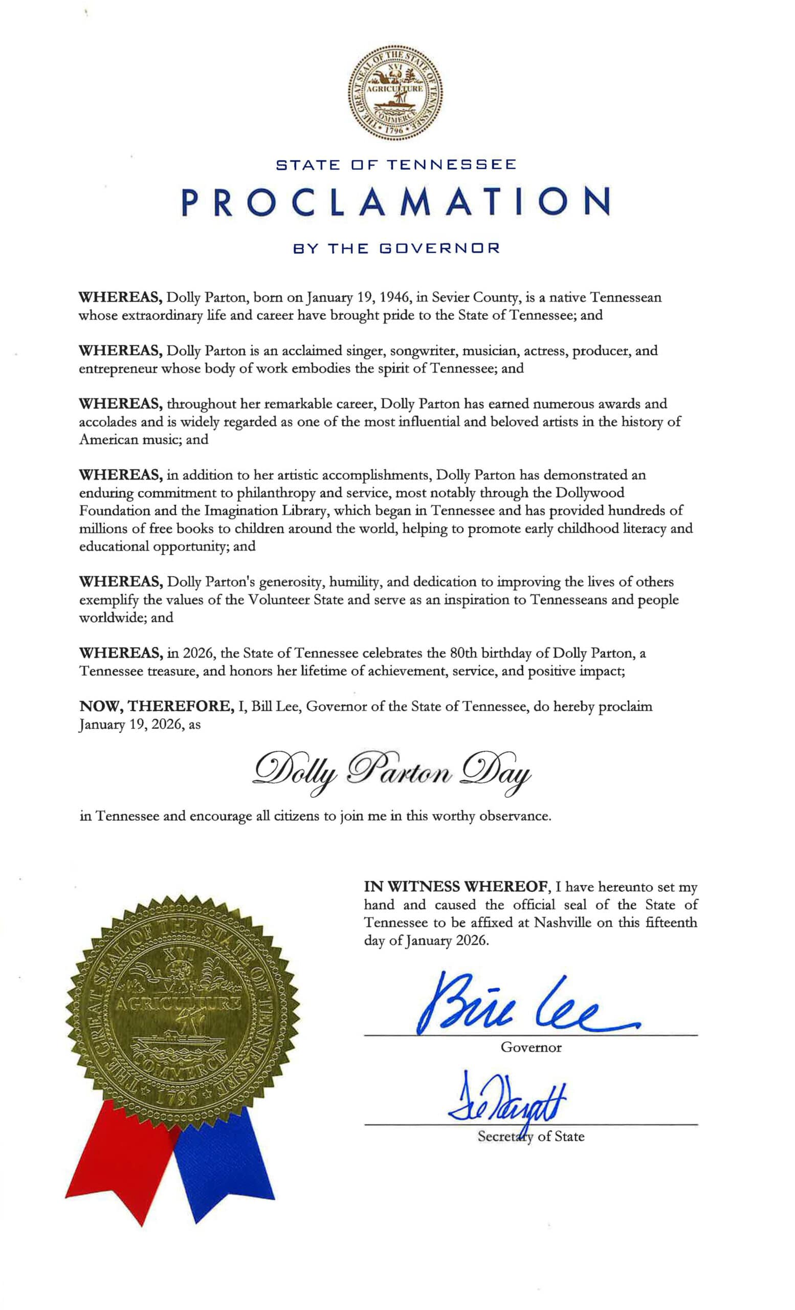 Gov. Lee Proclaims January 19 as "Dolly Parton Day" in Honor of Her ...